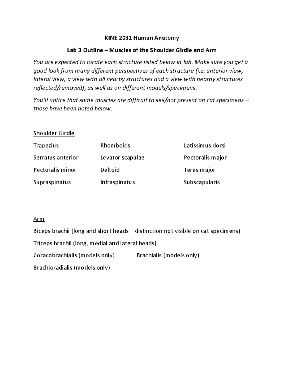 Lab 3 Outline - Muscles of the Shoulder Girdle and Arm - KINE 2031 ...