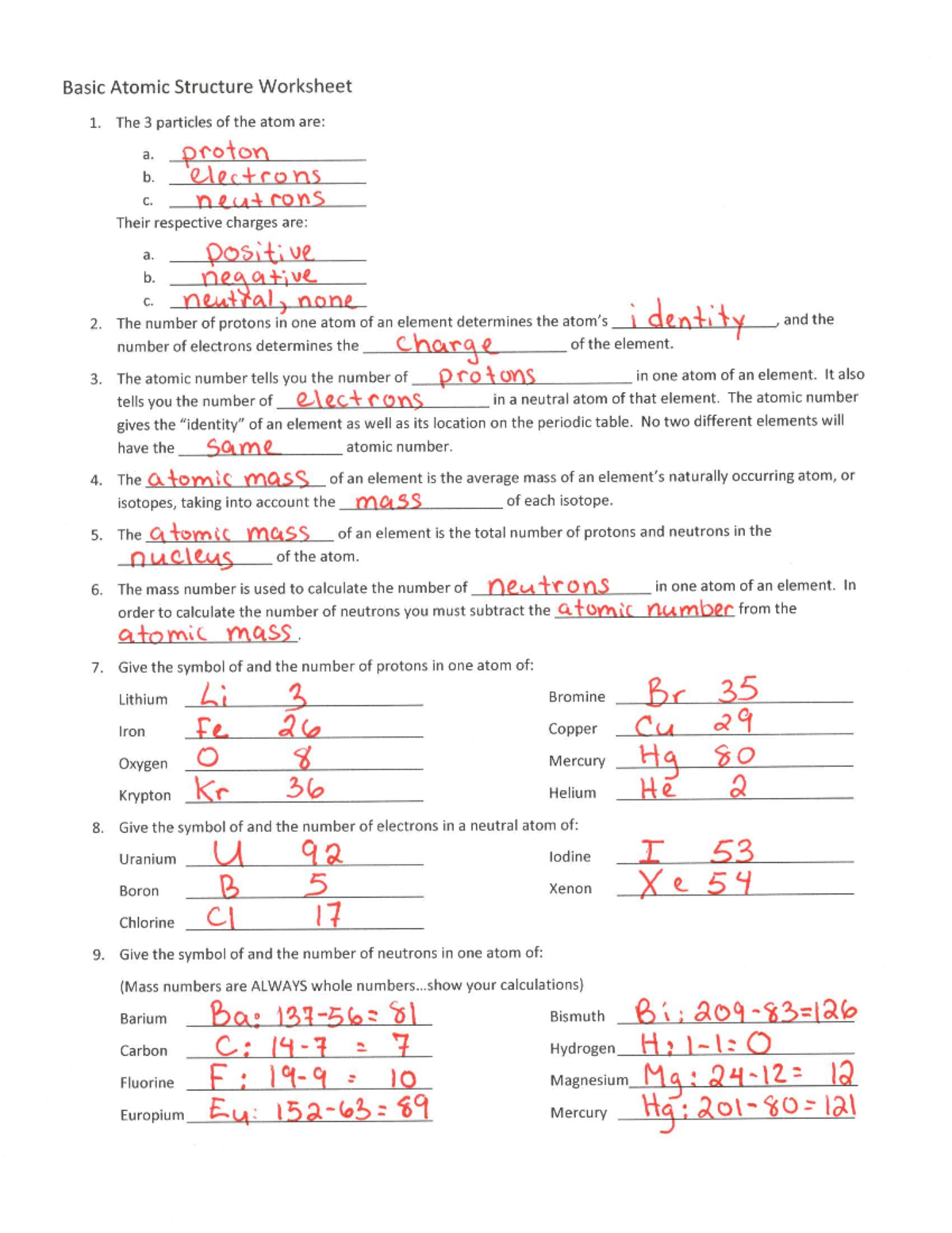 Basic Atomic Structure Worksheet Key 1 - The 3 particles of the atom ...