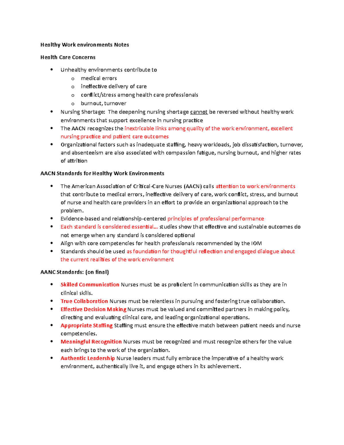 Healthy Work environments Notes - Healthy Work environments Notes ...