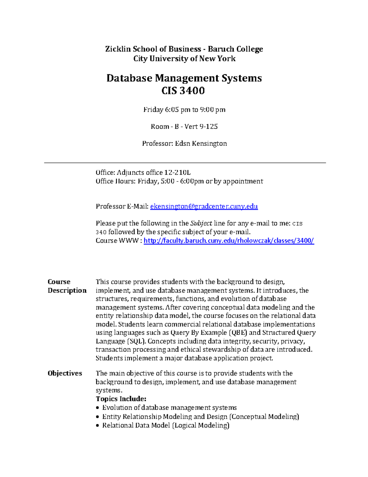CIS 3400 - Zicklin School of Business - Baruch College City University of New York Database ...