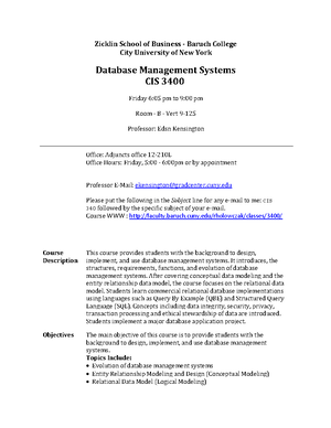 CIS 3400 Final Review Sheet - Structured Query Language (SQL) = Entering commands to obtain ...