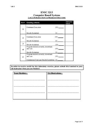 Lab Assignment 5 - Lab 5 ENSC 3213 ENSC 3213 Computer Based Systems LAB 5: USING TABLES Ex # 1 2 ...
