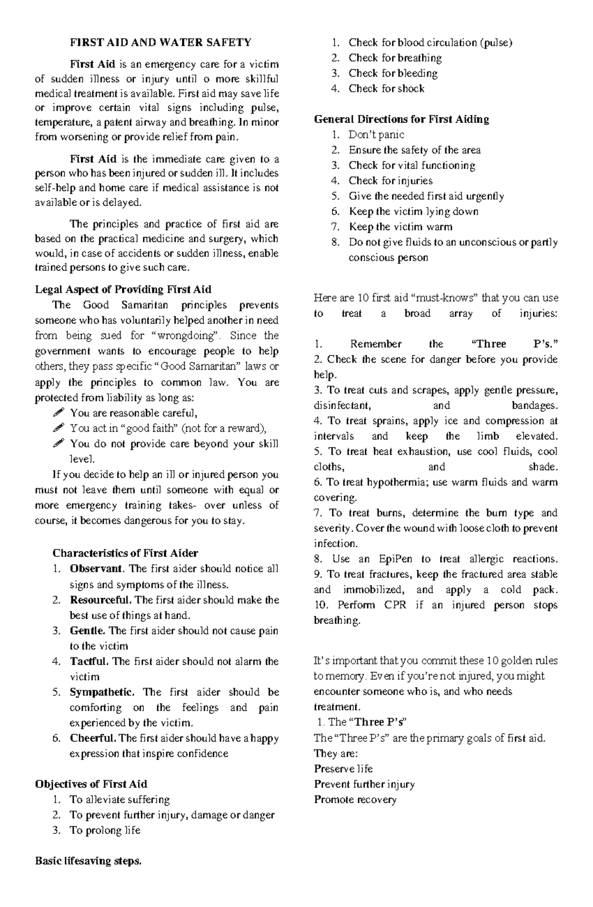 2 First AID AND Water Safety reviewer - FIRST AID AND WATER SAFETY ...