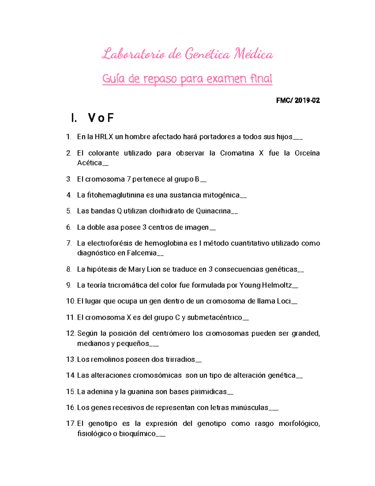 Guía de repaso, Lab Genética. FMC - Laborat ori o de Genét i ca Médi ca ...