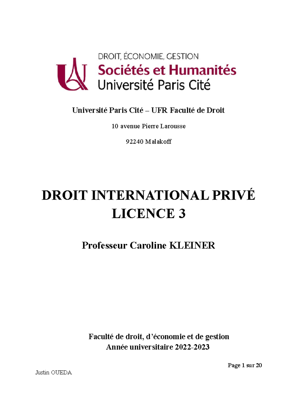 Introduction - Université Paris Cité – UFR Faculté de Droit 10 avenue ...