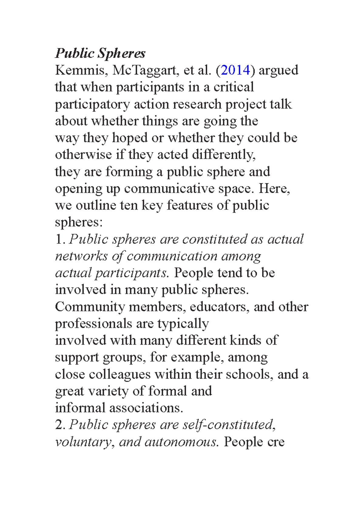 Public Spheres - Public Spheres Kemmis, McTaggart, et al. ( 2014 ...