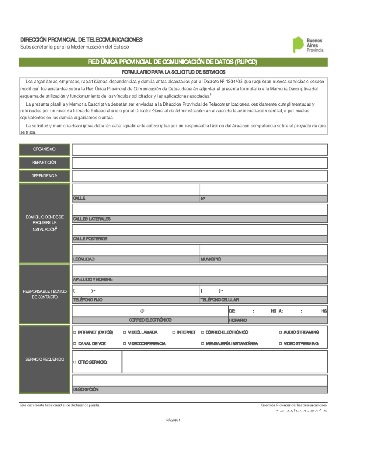 Formulario para la Solicitud de Servicios - DPT - N° CALLES LATERALES ...