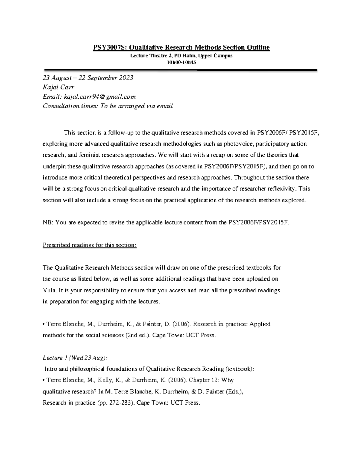 Qualitative methods outline 2023 - PSY3007S: Qualitative Research ...