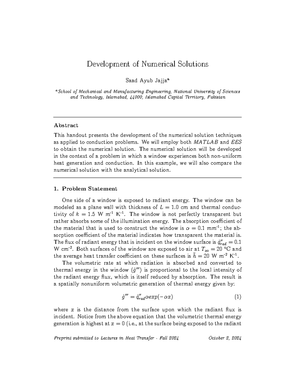 Heat Transfer Numerical Solutions Handout - Development of Numerical ...