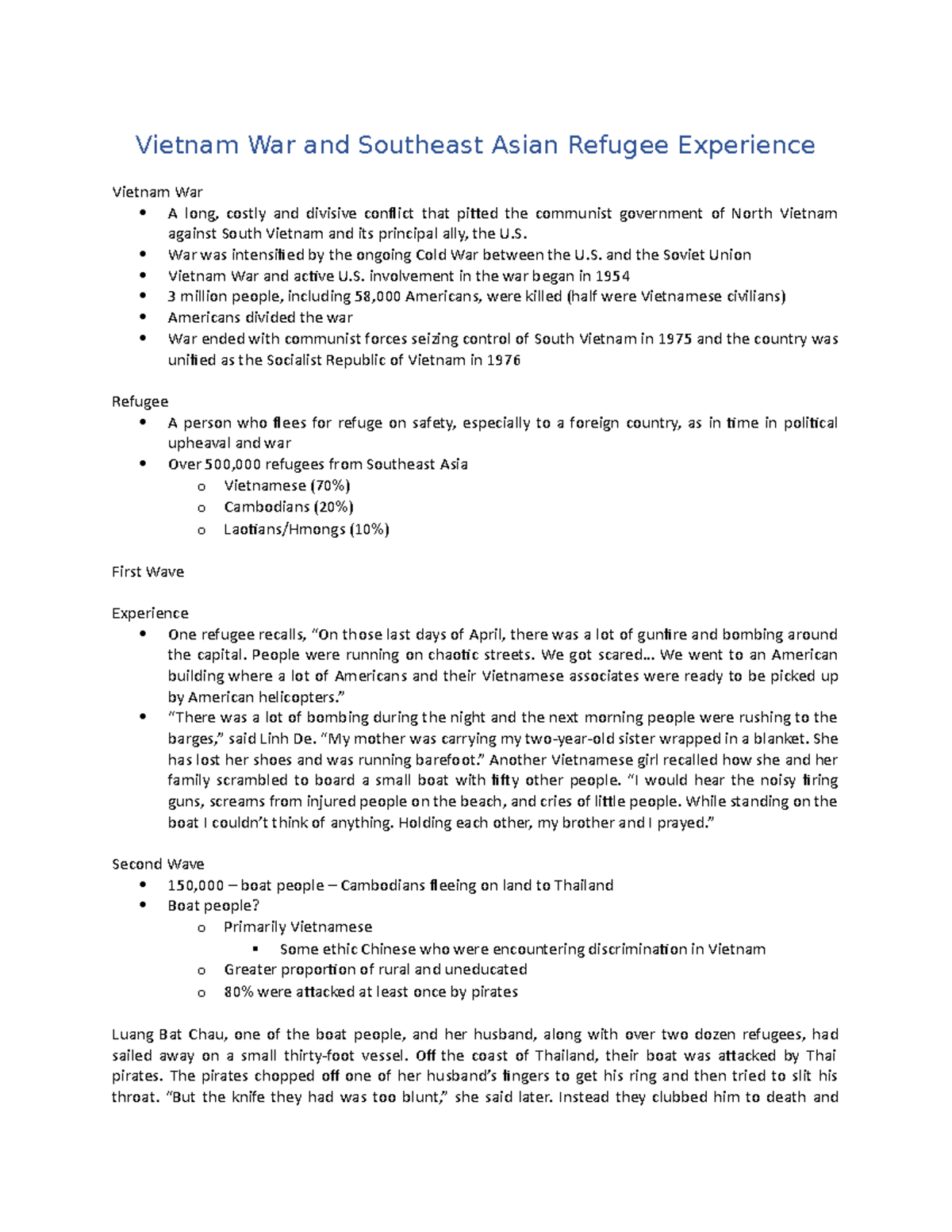 Vietnam War and Southeast Asian Refugee Experience - War was ...