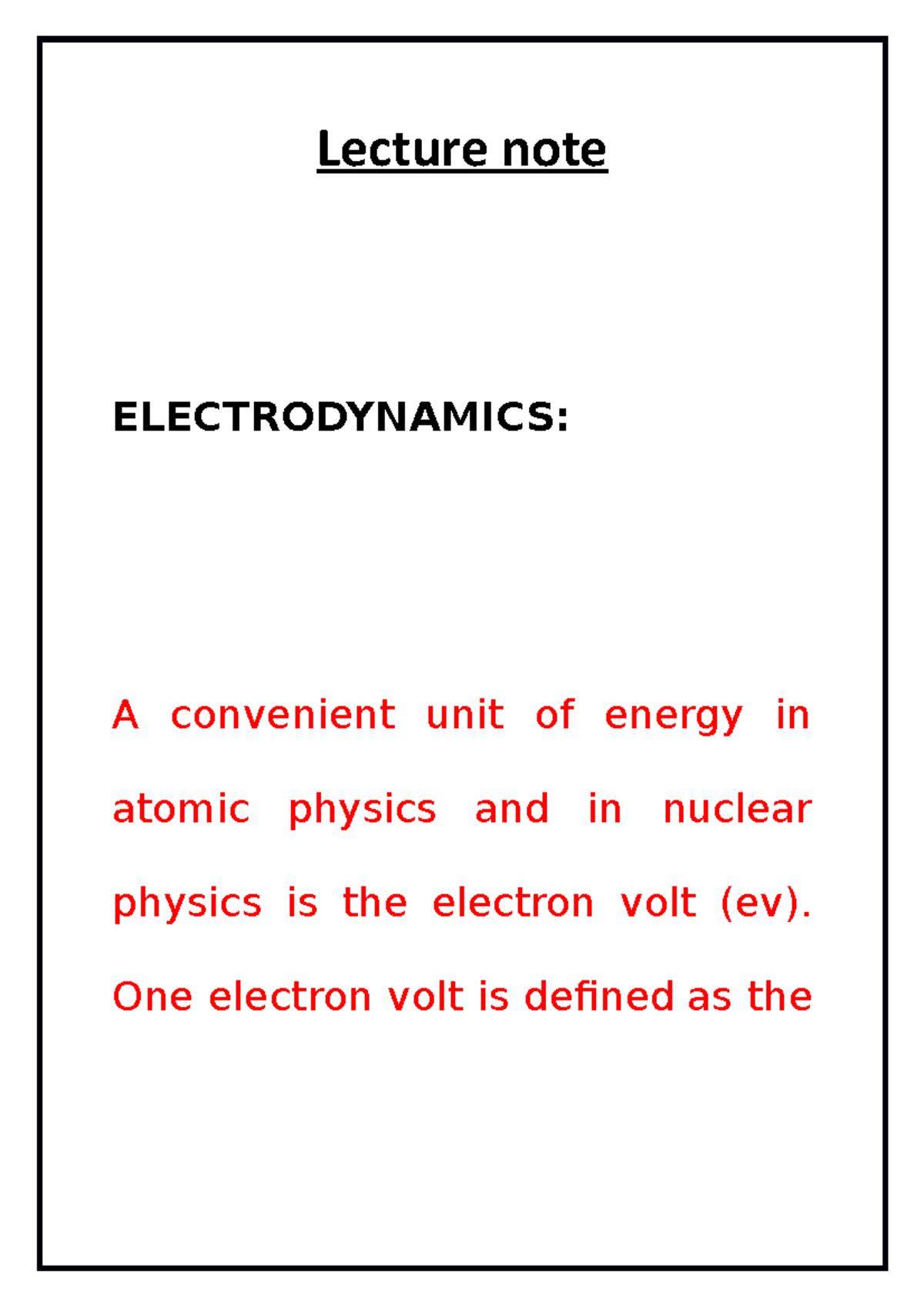 Lecture note of Electrodynamics - Lecture note ELECTRODYNAMICS: A ...