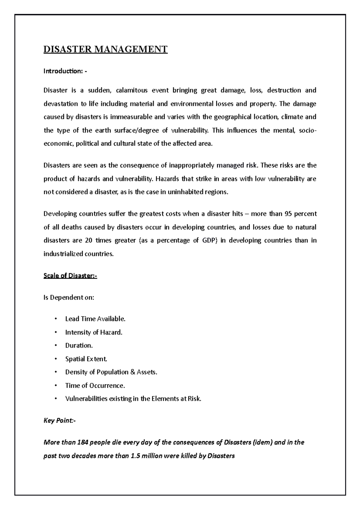 Disaster Management - DISASTER MANAGEMENT Introduction: - Disaster is a ...