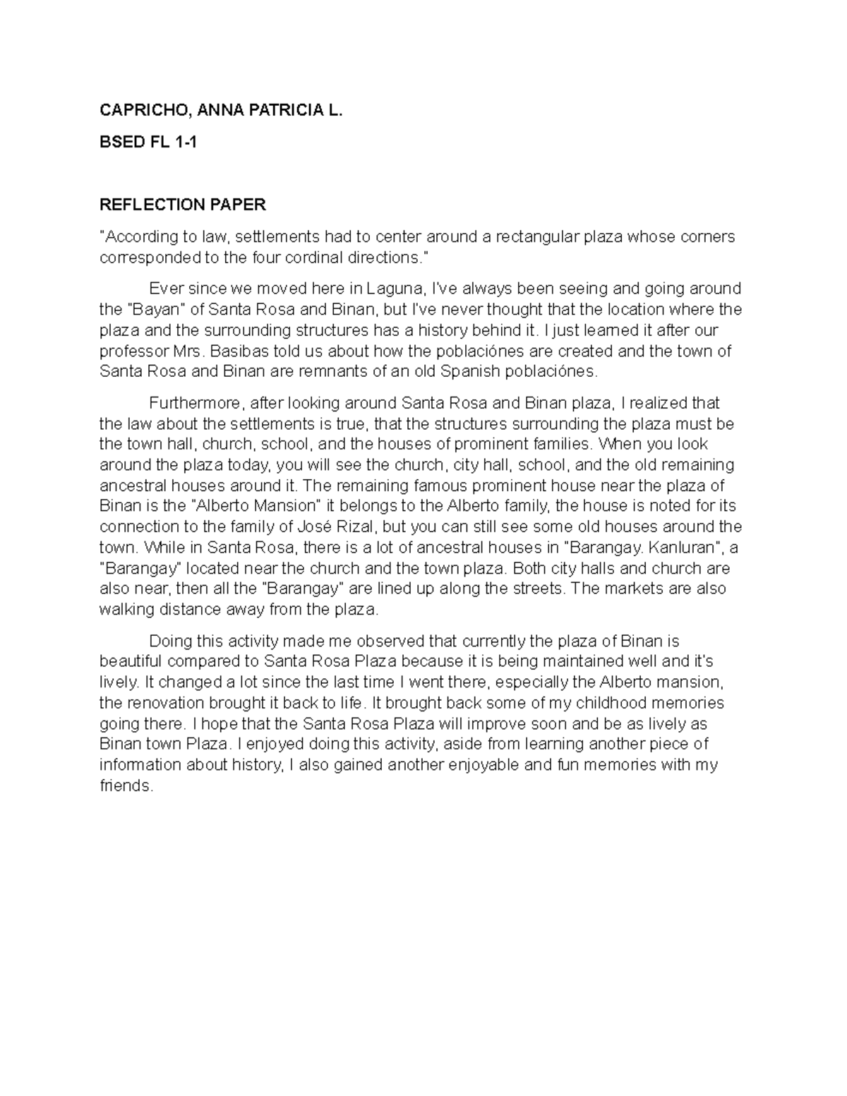 Reflection on the subject - CAPRICHO, ANNA PATRICIA L. BSED FL 1 ...