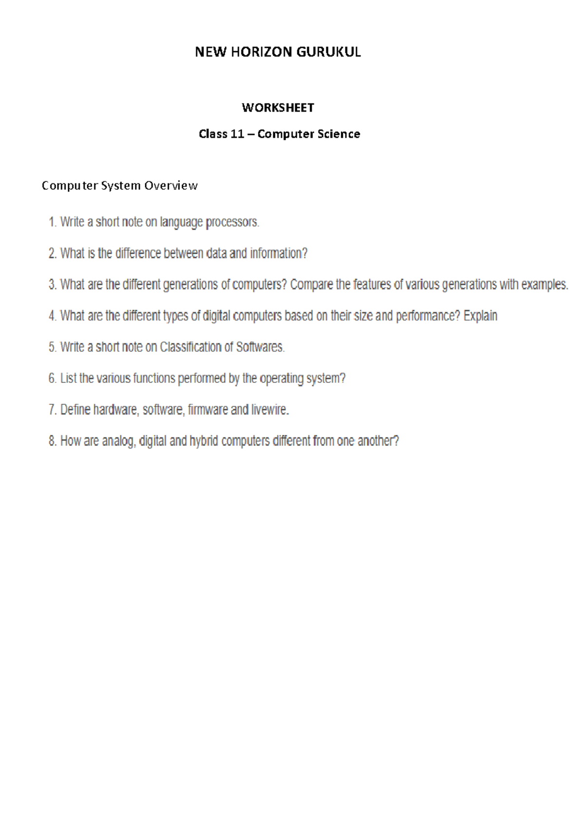 CS worksheet cl-11 - Computer Science SL - NEW HORIZON GURUKUL ...