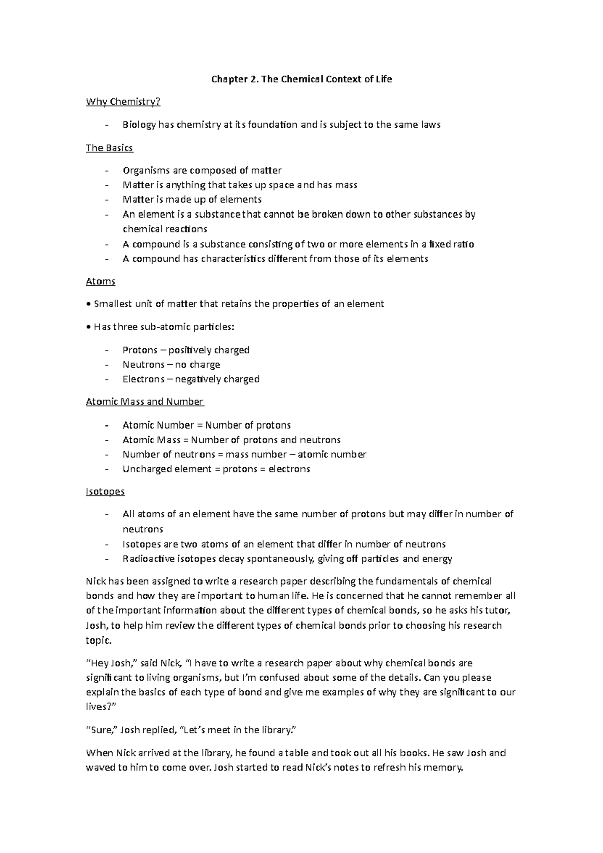 Chapter 2 The Chemical Context Of Life Chapter 2 The Chemical