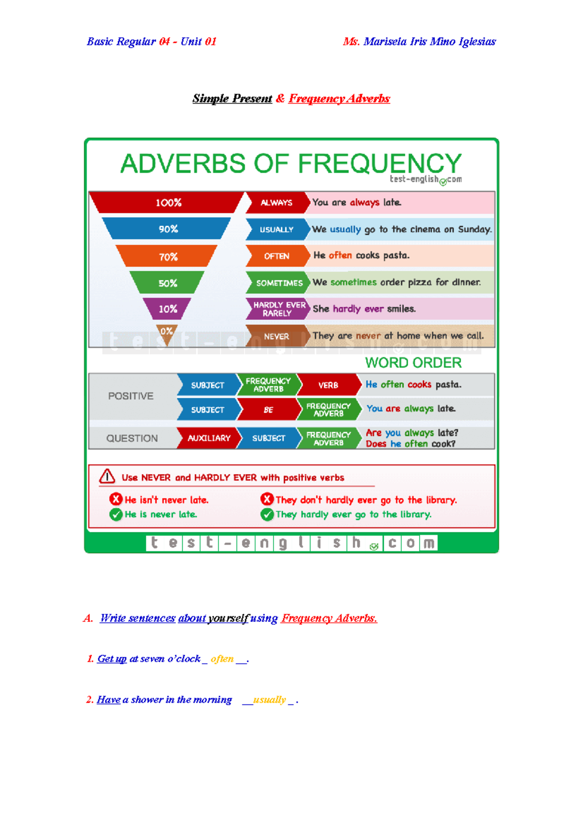 Frequency Adverbs (01) - Simple Present & Frequency Adverbs A. Write ...