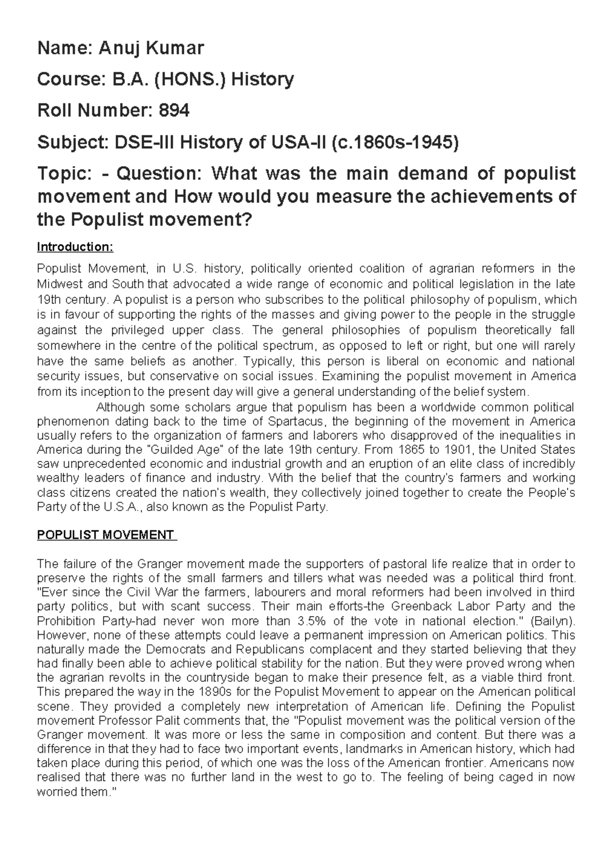 Populist Movement - Name: Anuj Kumar Course: B. (HONS.) History Roll ...