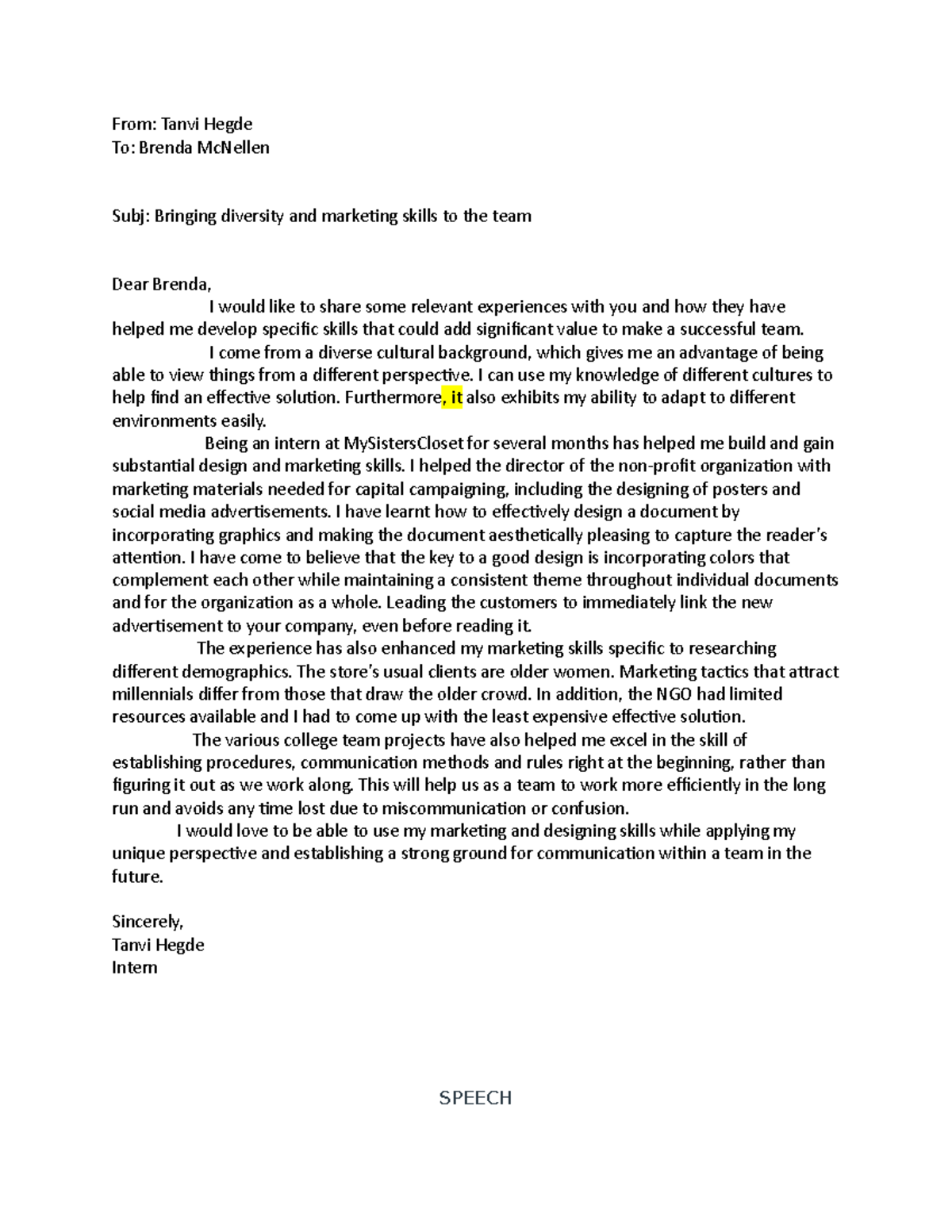 Letter - From: Tanvi Hegde To: Brenda McNellen Subj: Bringing diversity ...
