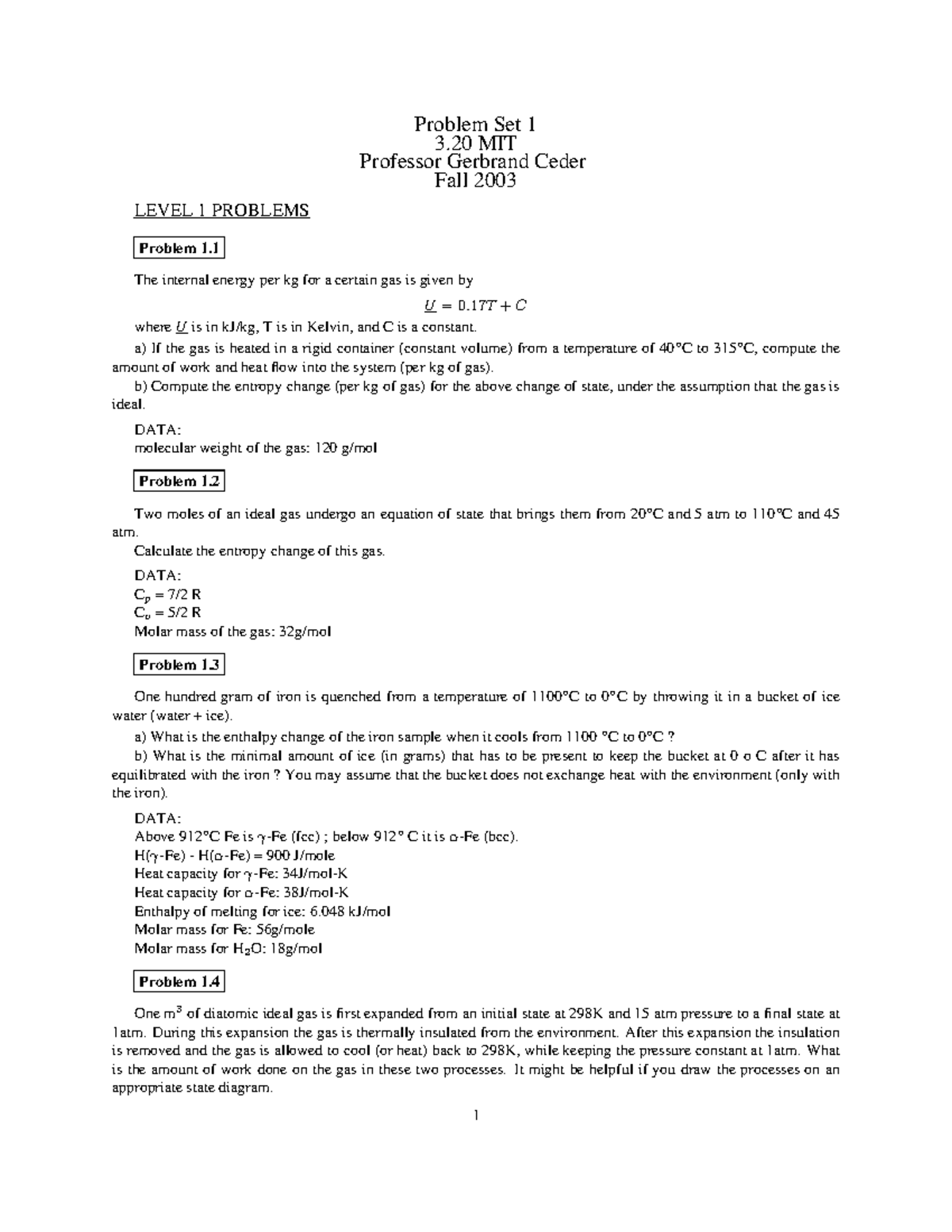 MIT Homework 1 Questions - Problem Set 1 3 MIT Professor Gerbrand Ceder ...