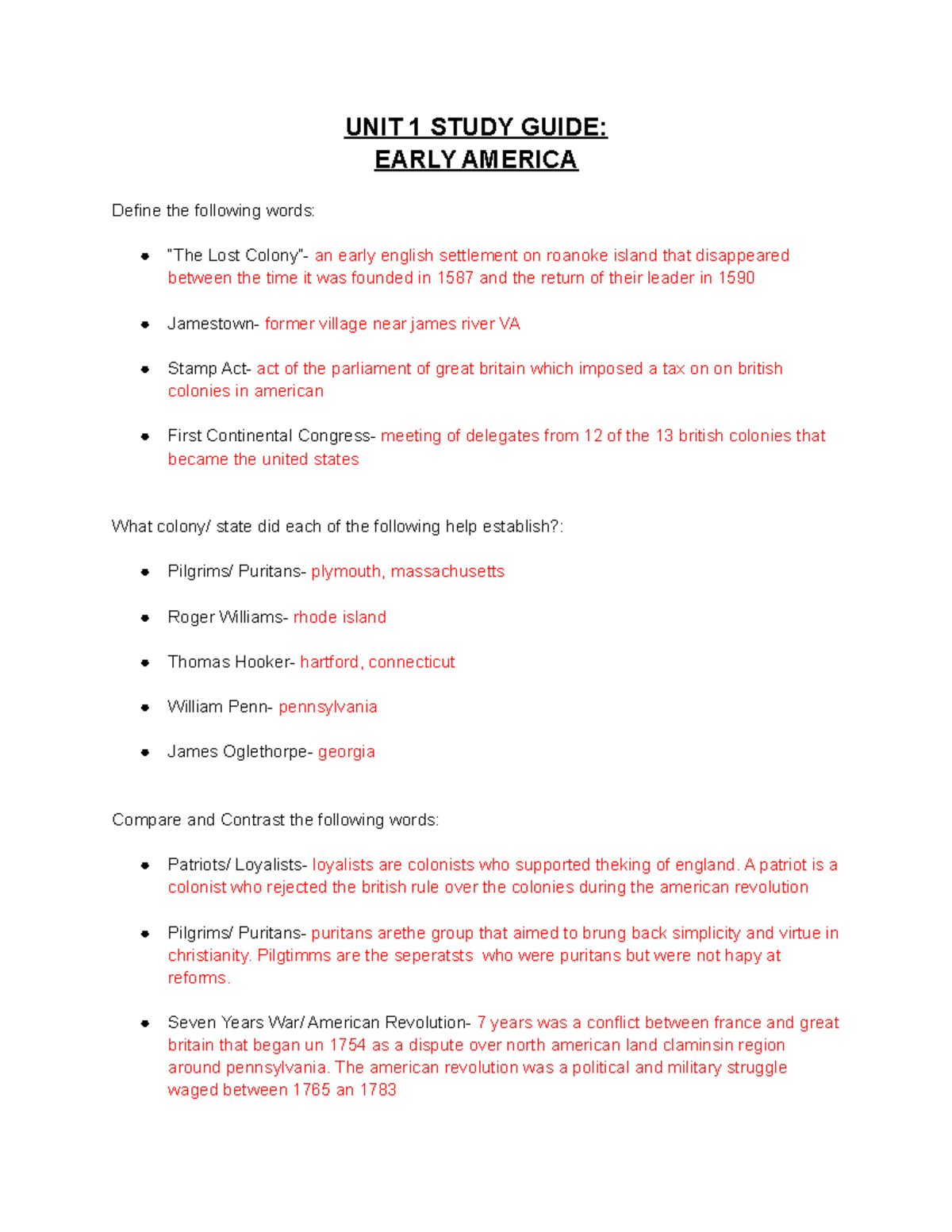 Study Guide - yes - UNIT 1 STUDY GUIDE: EARLY AMERICA Define the ...