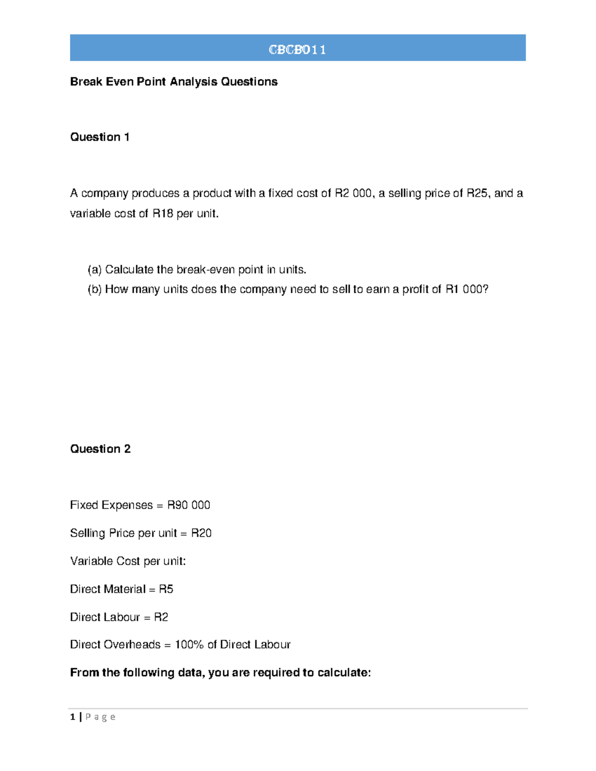Break Even Point Analysis Questions - Break Even Point Analysis ...