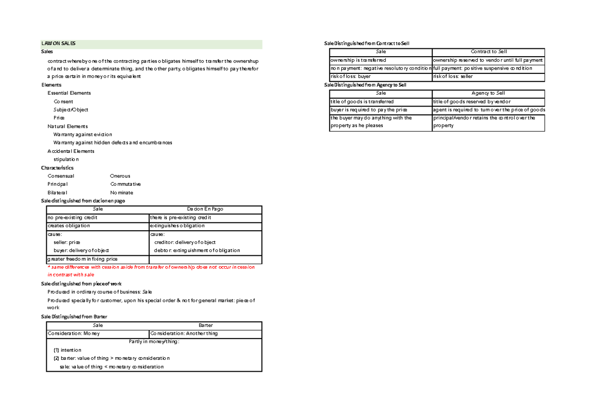 Law on Sales - LAW ON SALES Sales Elements Essential Elements Consent ...