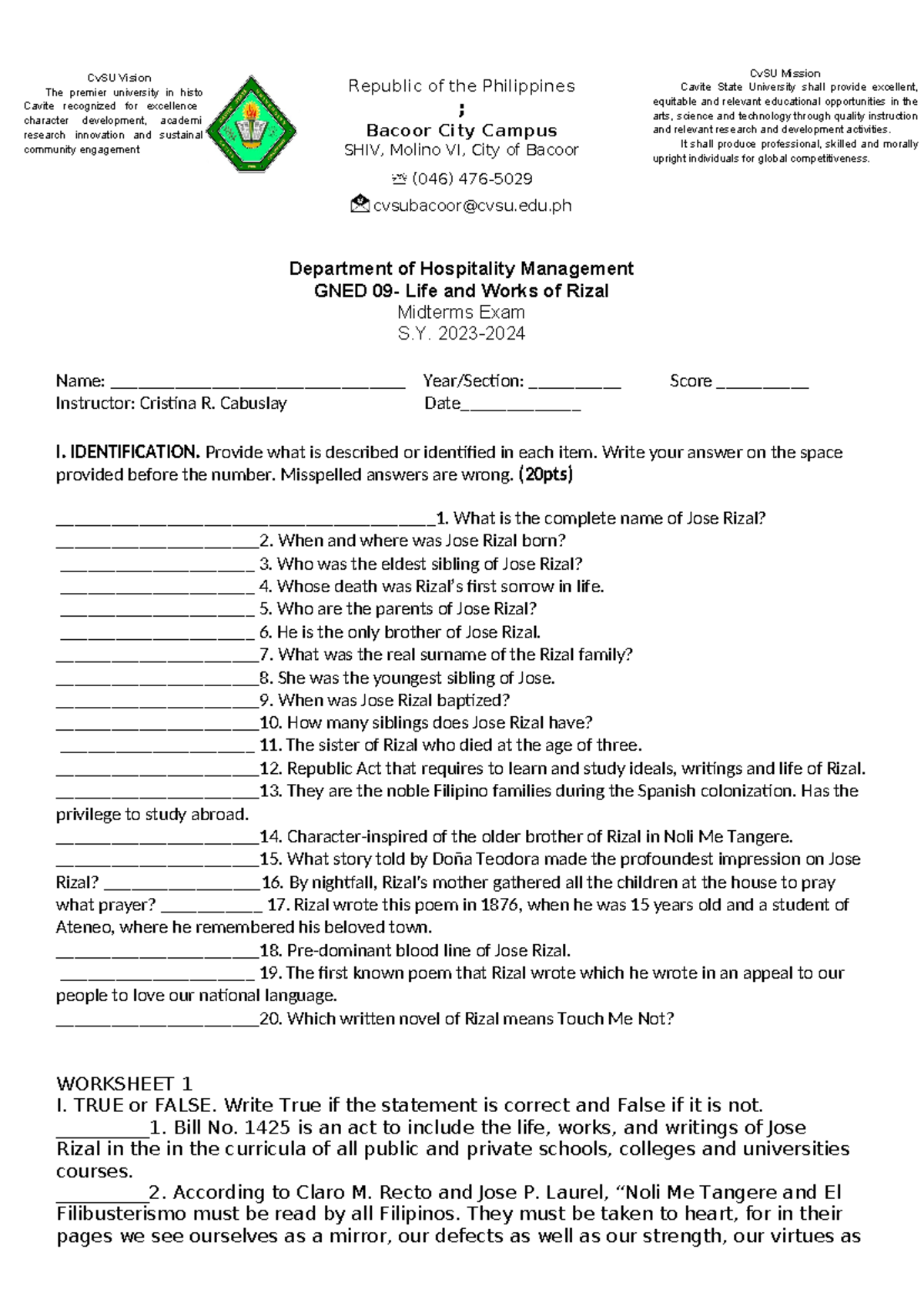 Midterms-BSHM - TEST - Republic of the Philippines ; Bacoor City Campus ...