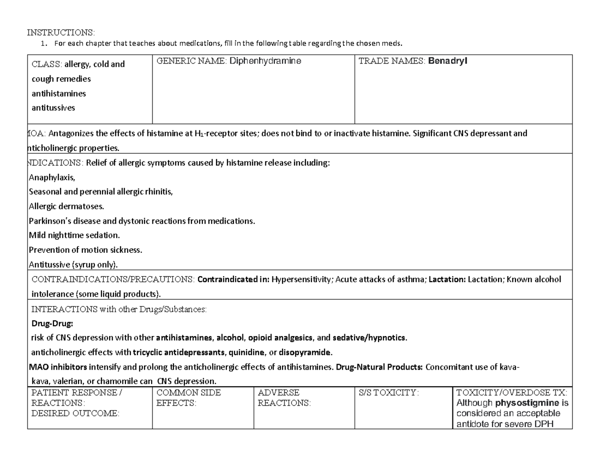 Benadryl med card - INSTRUCTIONS: For each chapter that teaches about ...