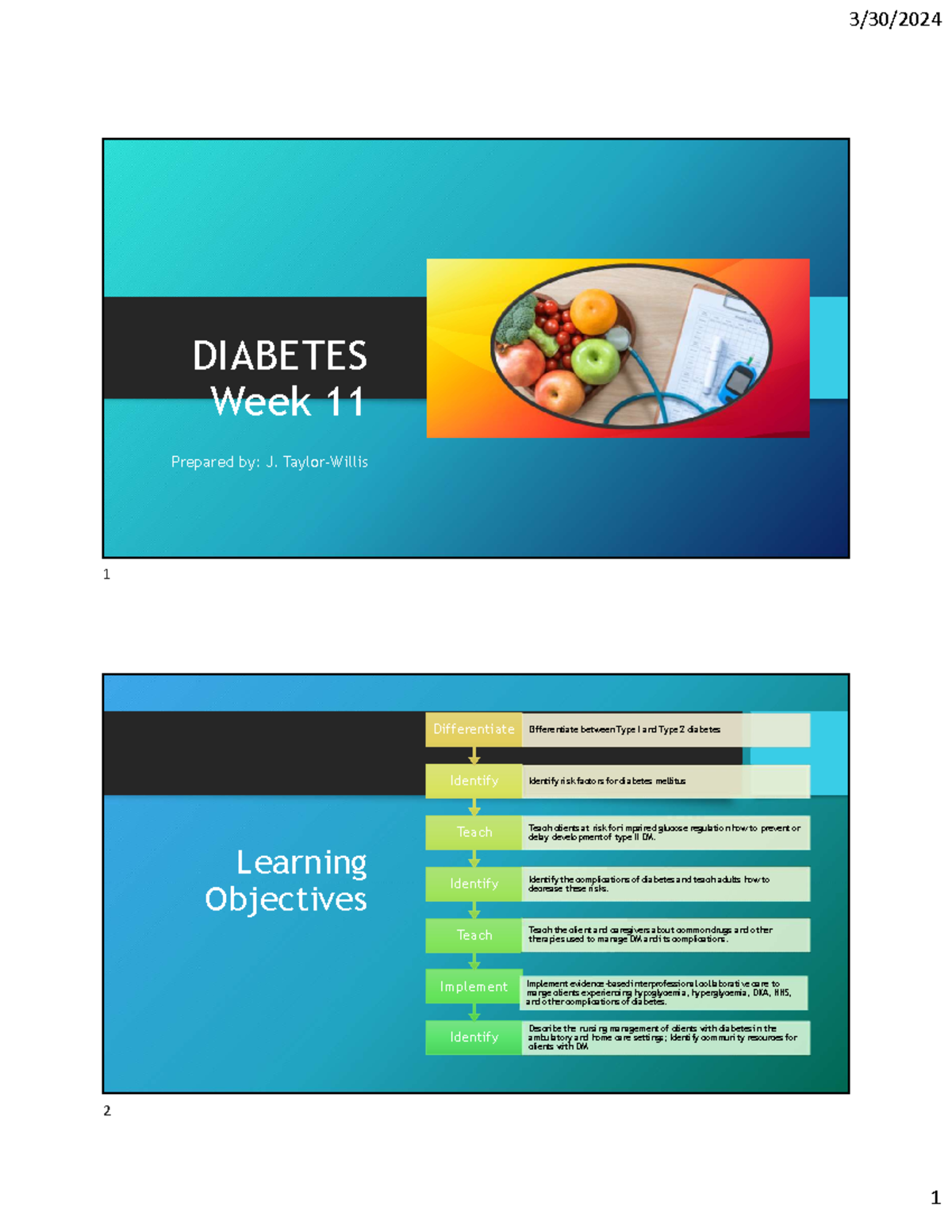 Diabetes ppt - notes - DIABETES Week 11 Prepared by: J. Taylor-Willis ...