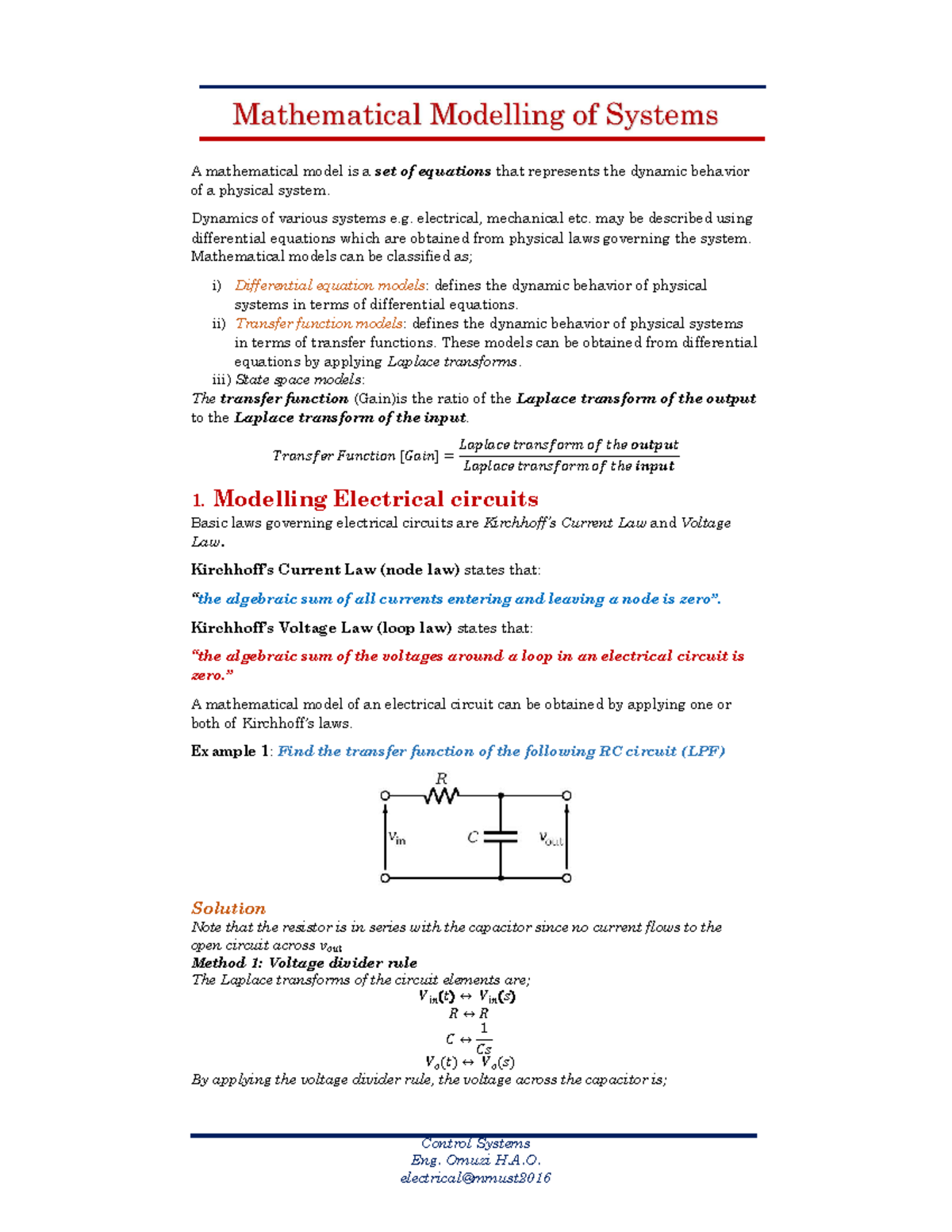 Modeling - Summarized - Control Systems Eng. Omuzi H.A. A mathematical ...