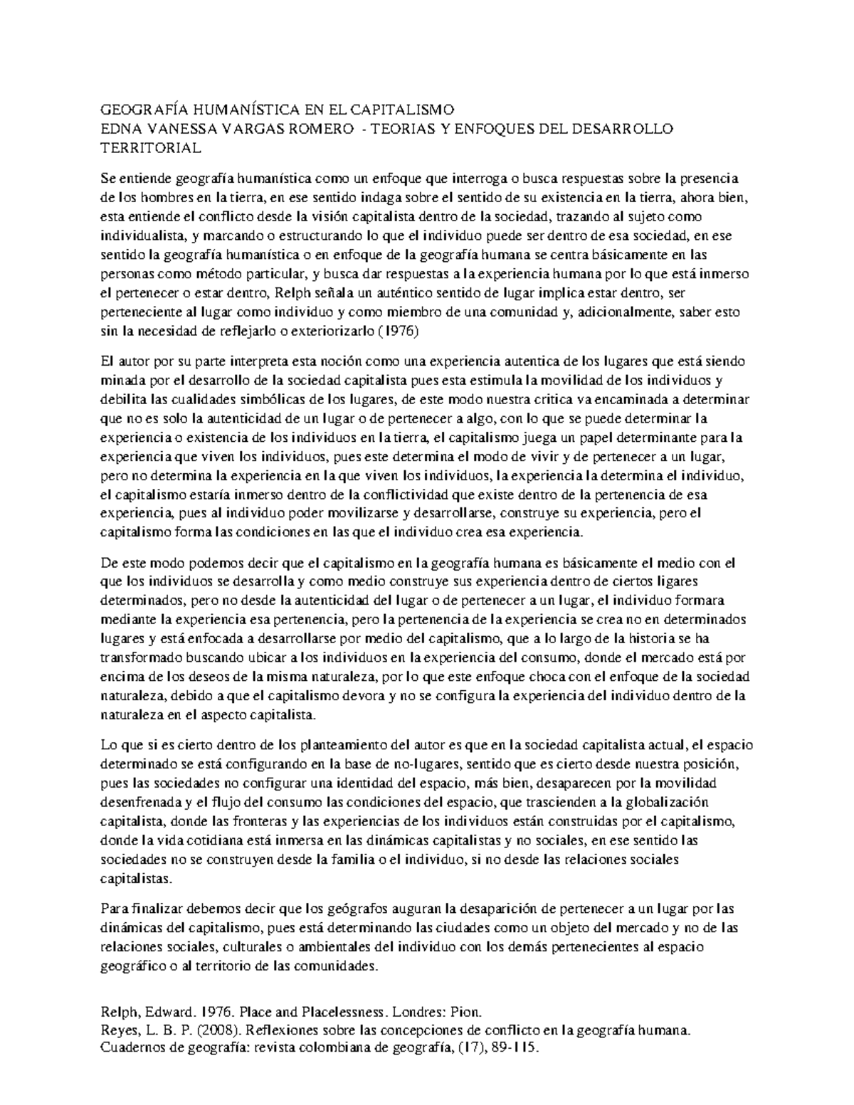 Ensayo - Vannesa Vargas - Relph, Edward. 1976. Place and Placelessness ...