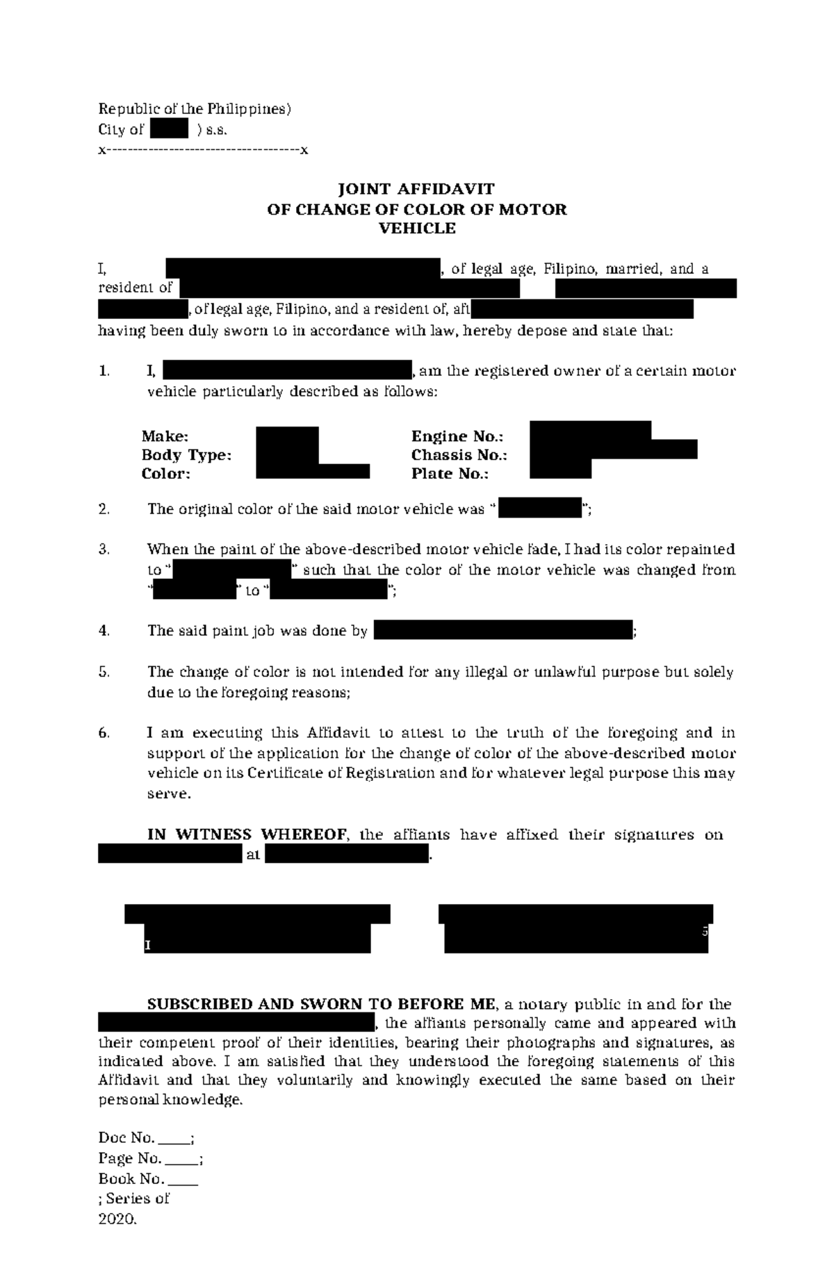 Affidavit of change of color lto pdf - Make: Engine No.: Body Type ...