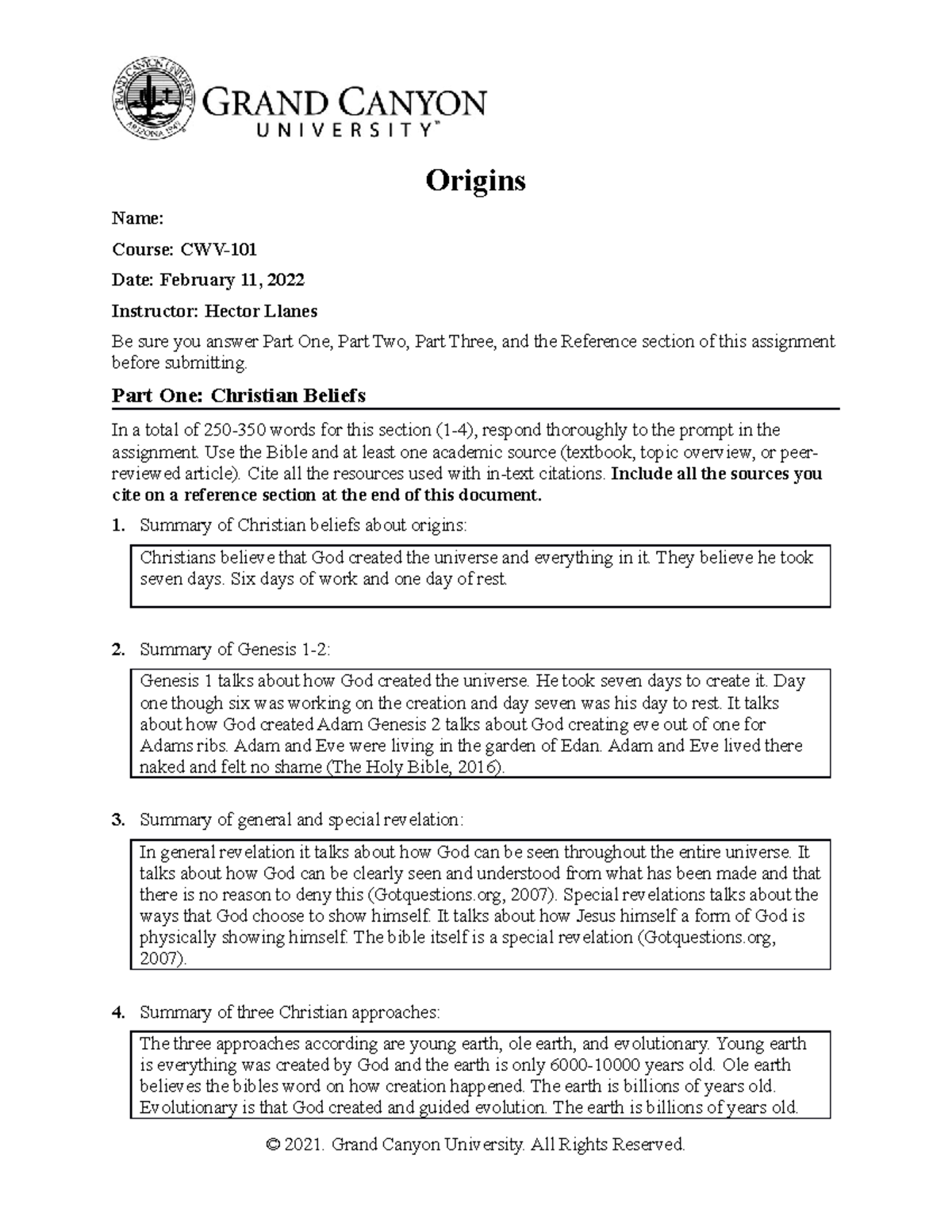 Origins Worksheet - Origins Name: Course: Date: February 11, 2022 ...