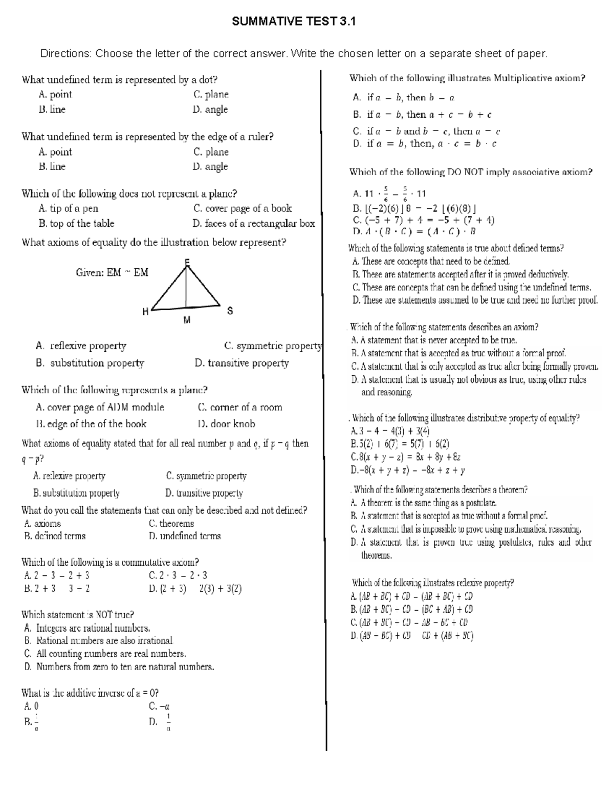 Summative test 3 - Mathematics 8 - Directions: Choose the letter of the ...