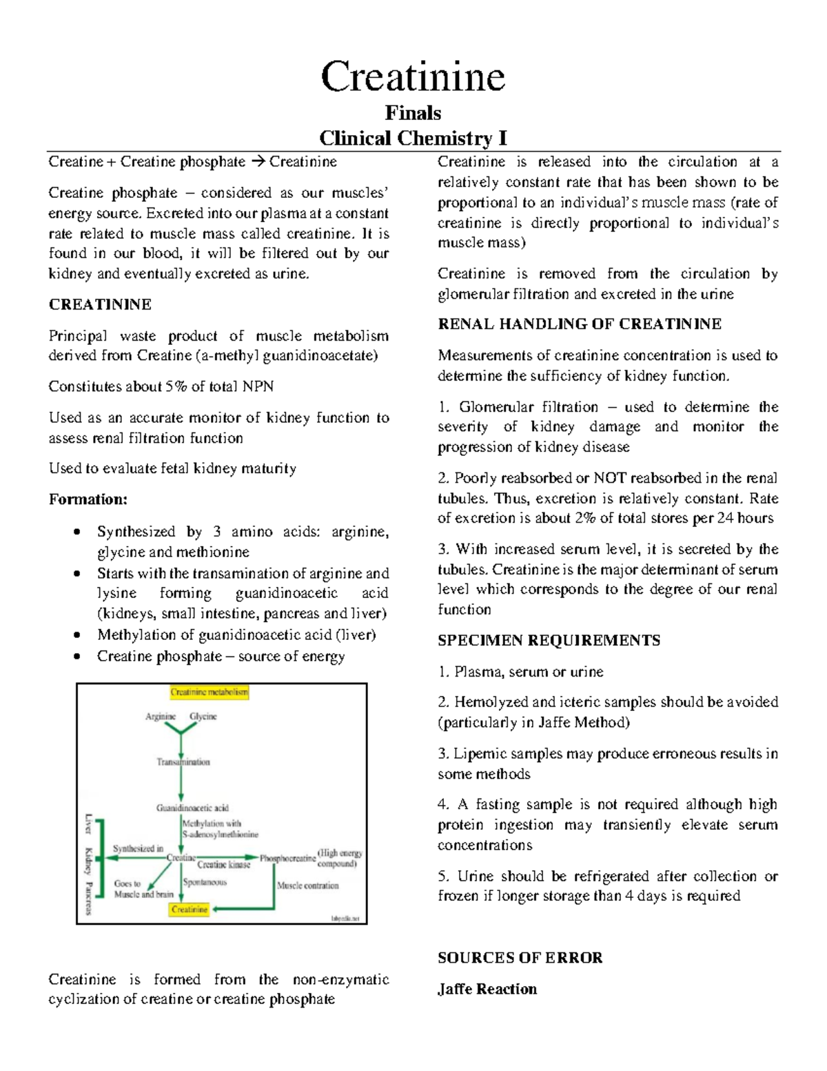 Clinical Chemistry 1 Creatinine - Creatinine Finals Clinical Chemistry ...