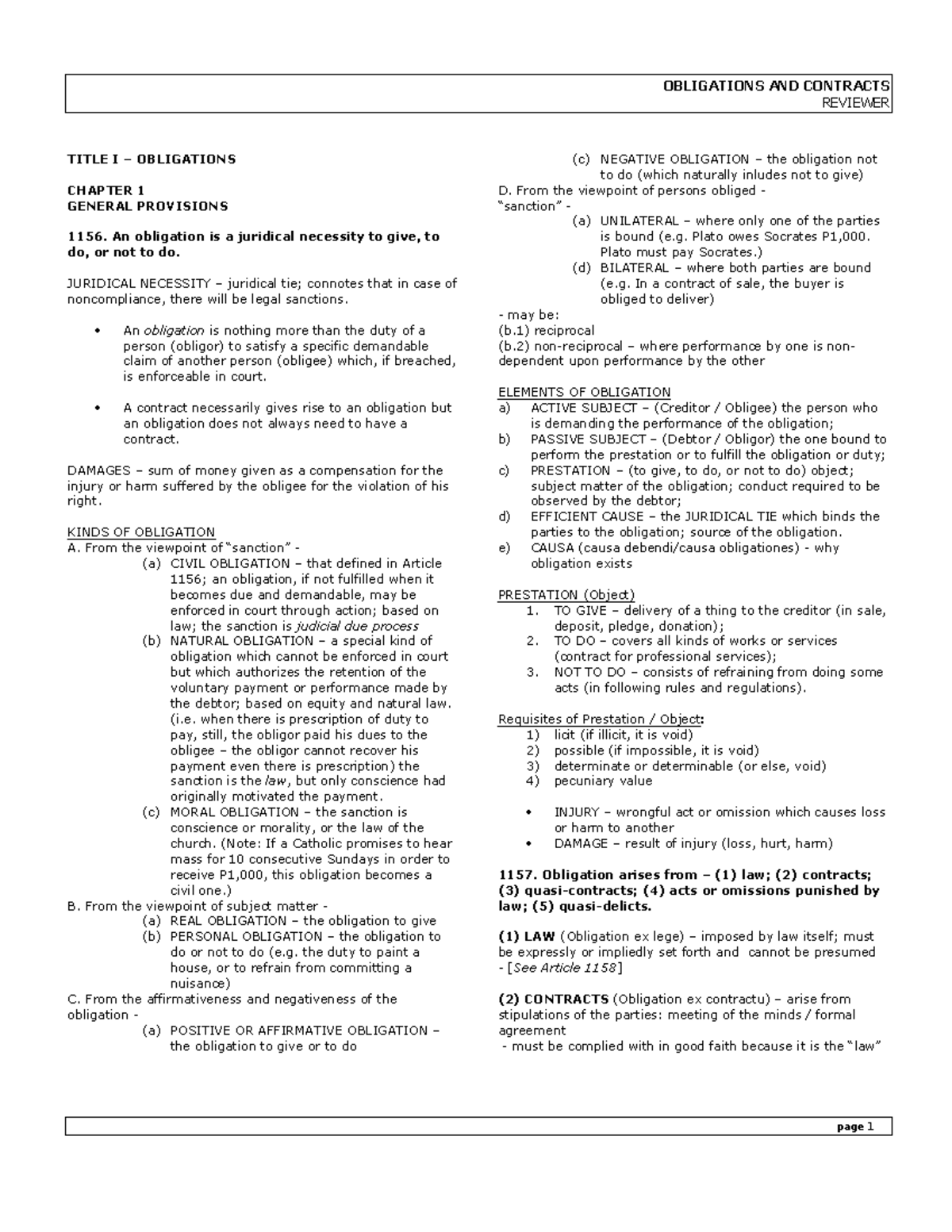Obligations&Contracts(Reviewer) - REVIEWER TITLE I – OBLIGATIONS CHAPTER 1 GENERAL PROVISIONS ...