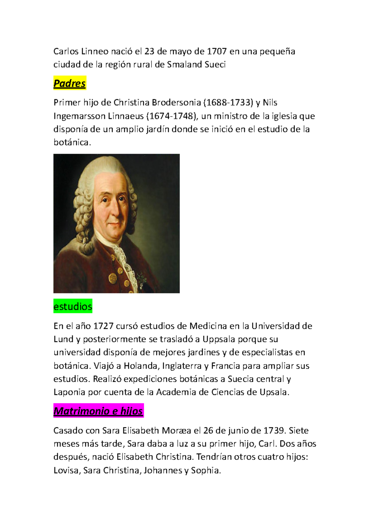 Carlos linneo - hhhhhhhhhhhhhhhhhhhhhhhh - Carlos Linneo nació el 23 de mayo de 1707 en una ...