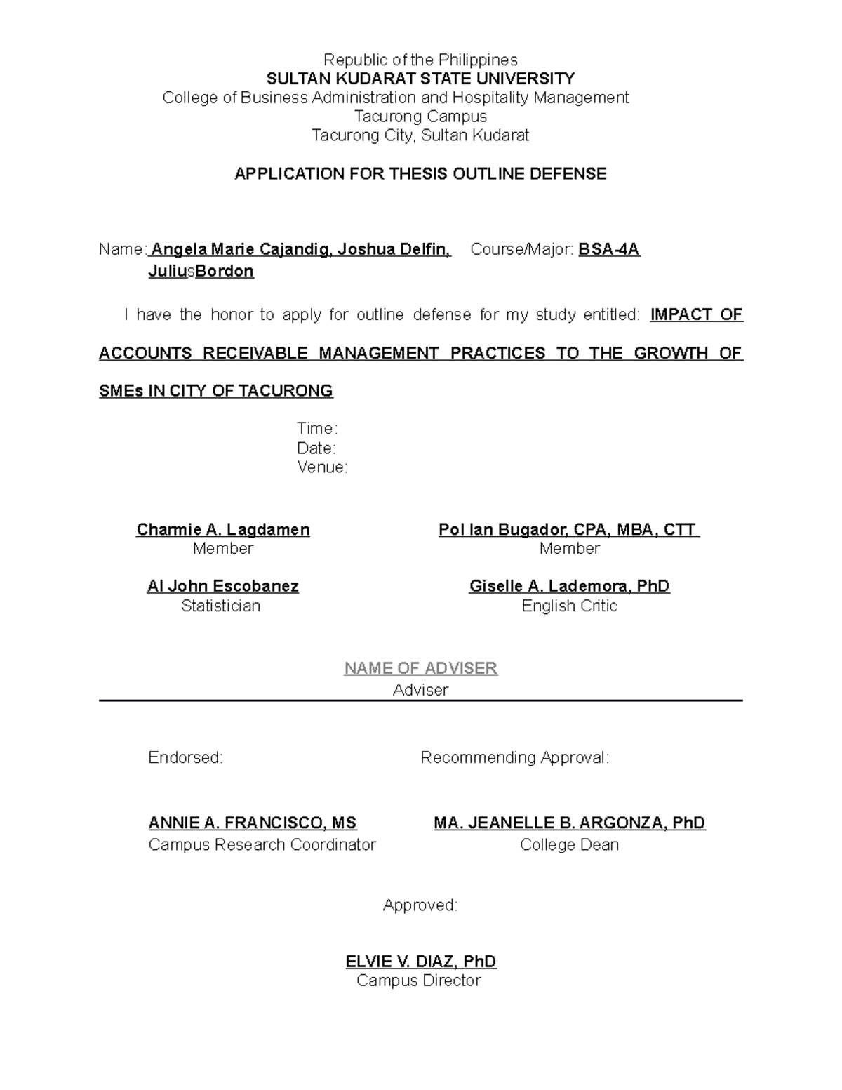 Application FOR Thesis Outline DefenseApplication FOR Thesis Outline ...