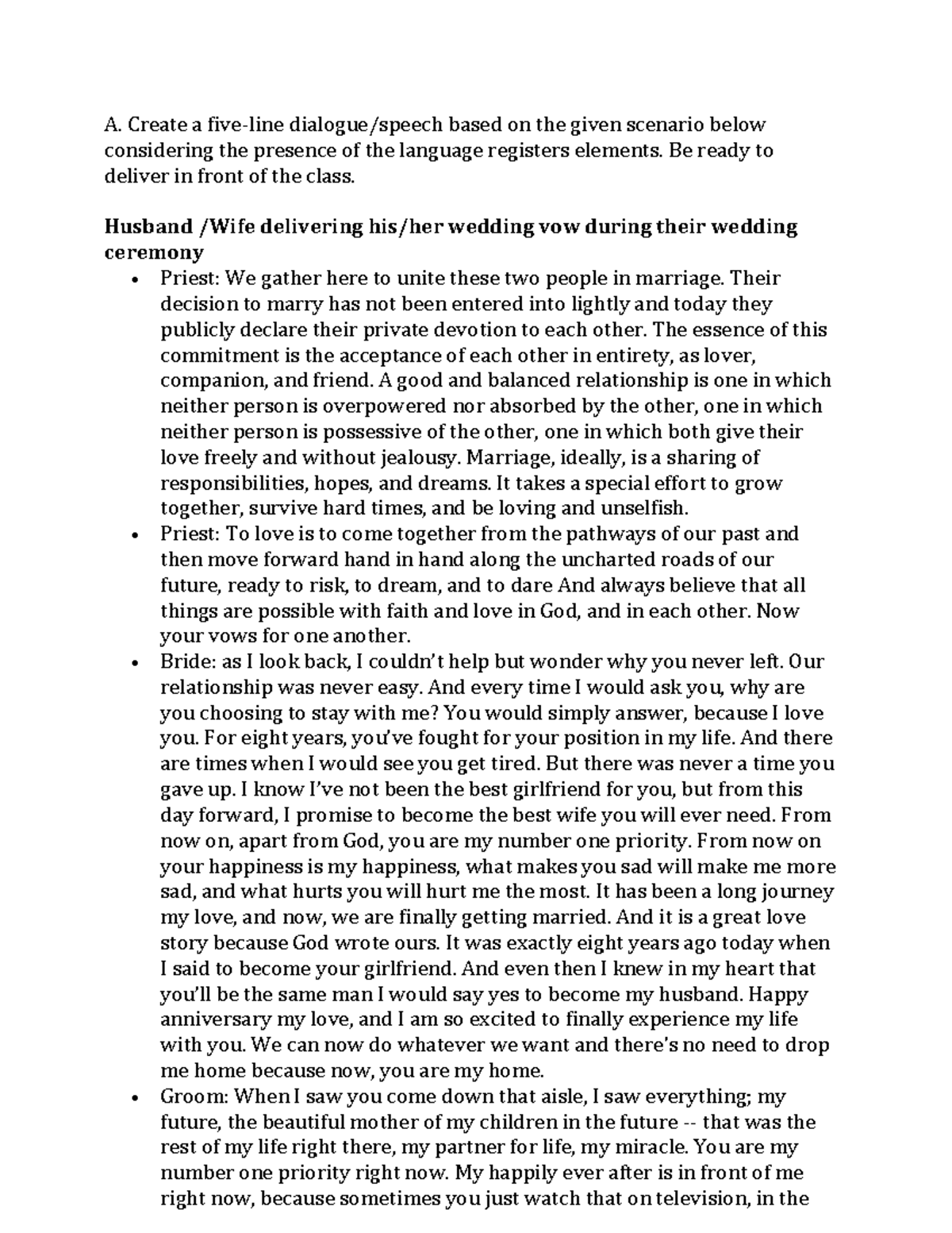 Language register - A. Create a five-line dialogue/speech based on the ...