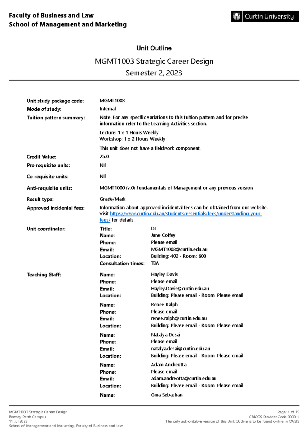 MGMT1003 Strategic Career Design Semester 2 2023 Bentley Perth Campus ...