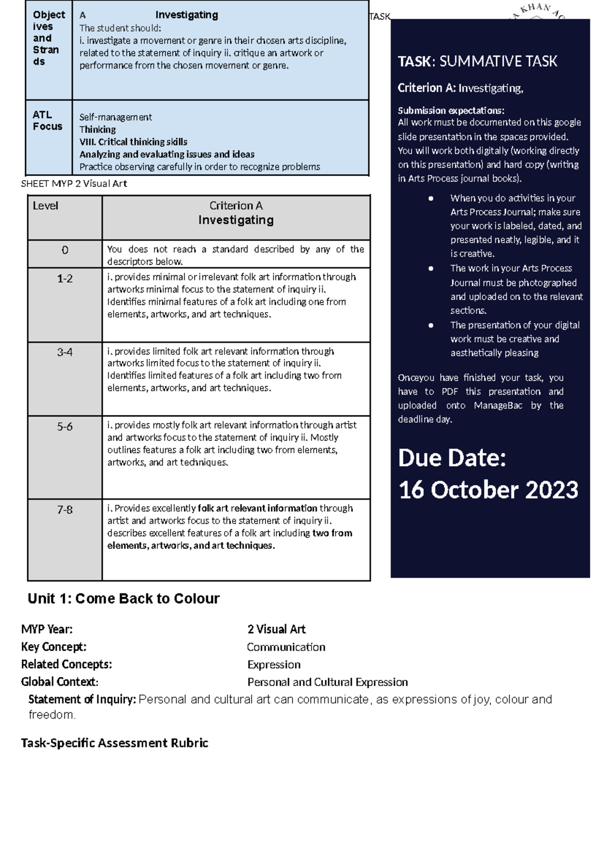 2. MYP2 U1 Task 2 Analysis - TASK SHEET MYP 2 Visual Art Unit 1: Come ...