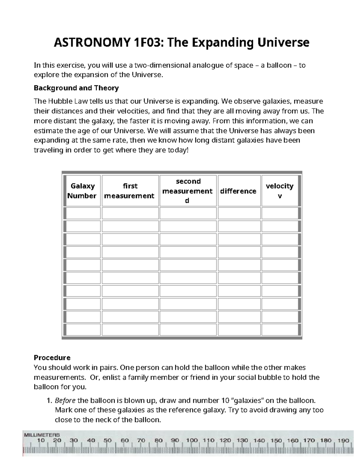Astron 1F03 Lab - Expanding Universe - ASTRONOMY 1F03: The Expanding ...