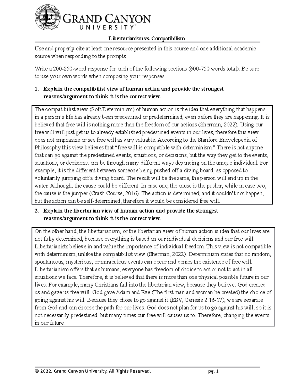 Topic 5 Libertarianism Compatibilism Worksheet - Libertarianism vs. Compatibilism Use and ...