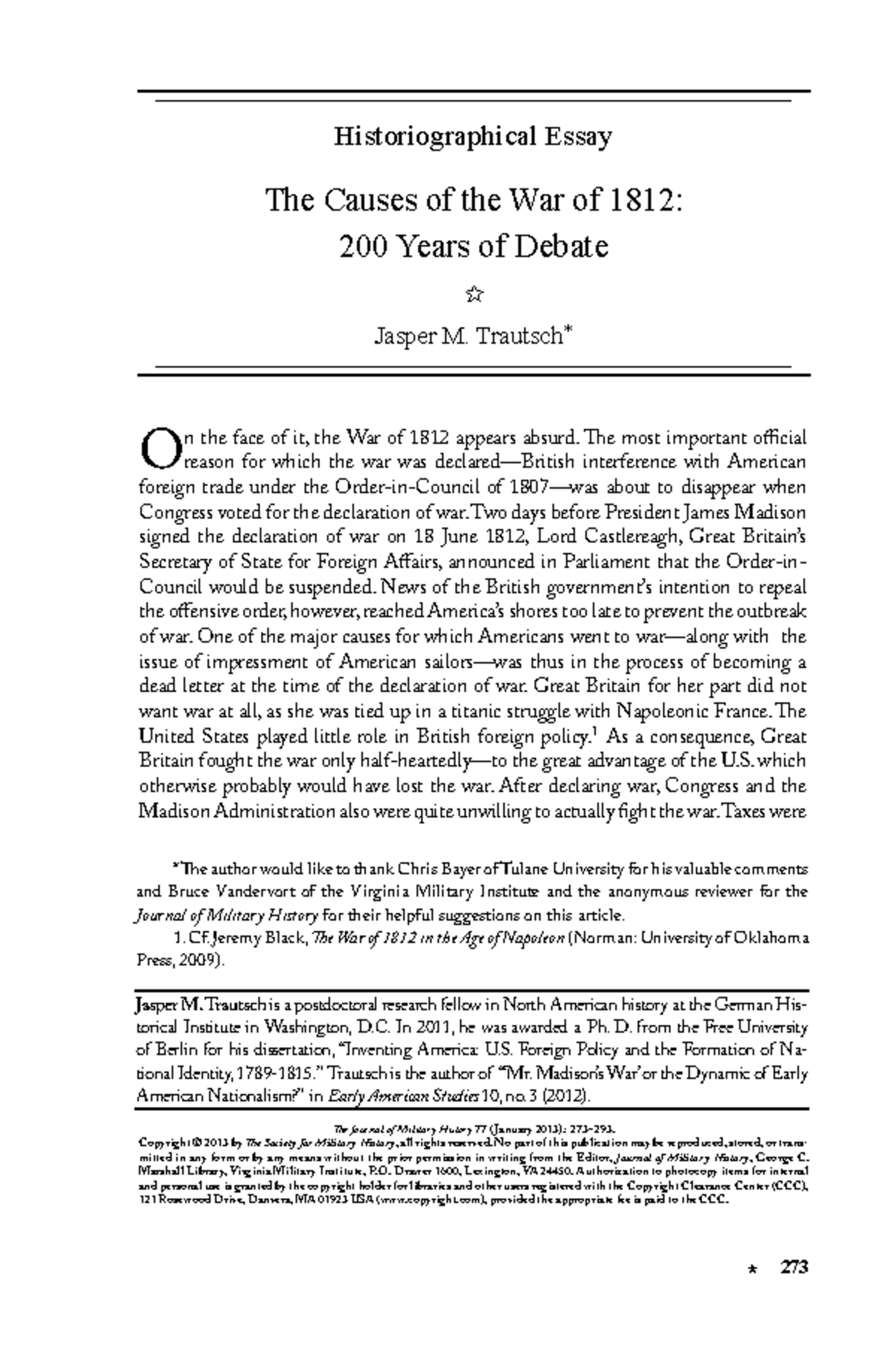 Trautsch Causes of the War of 1812- HOTA - Historiographical Essay The ...
