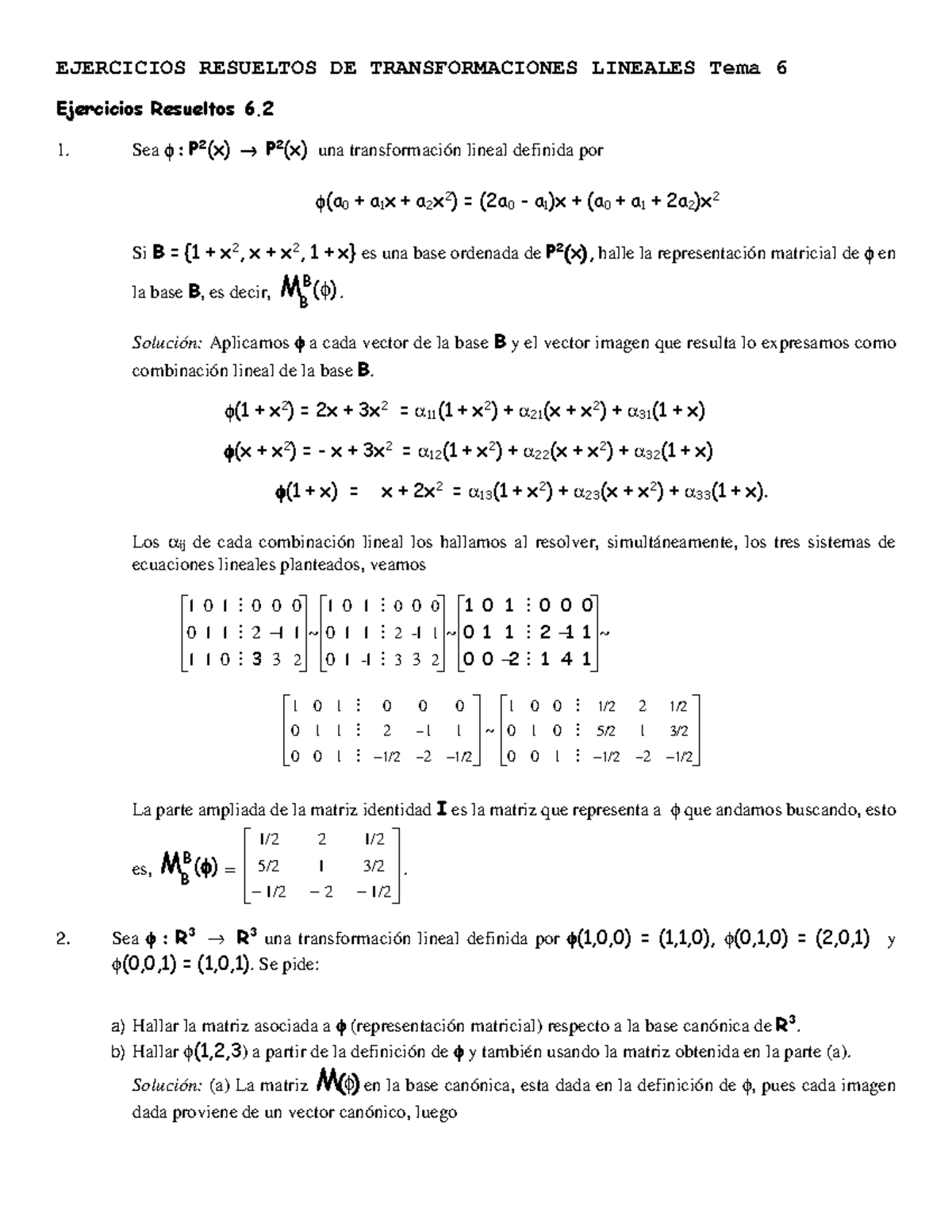 E. Ejercicios Resueltos DE T.L 2pdf - EJERCICIOS RESUELTOS DE TRANSFORMACIONES LINEALES Tema 6 ...