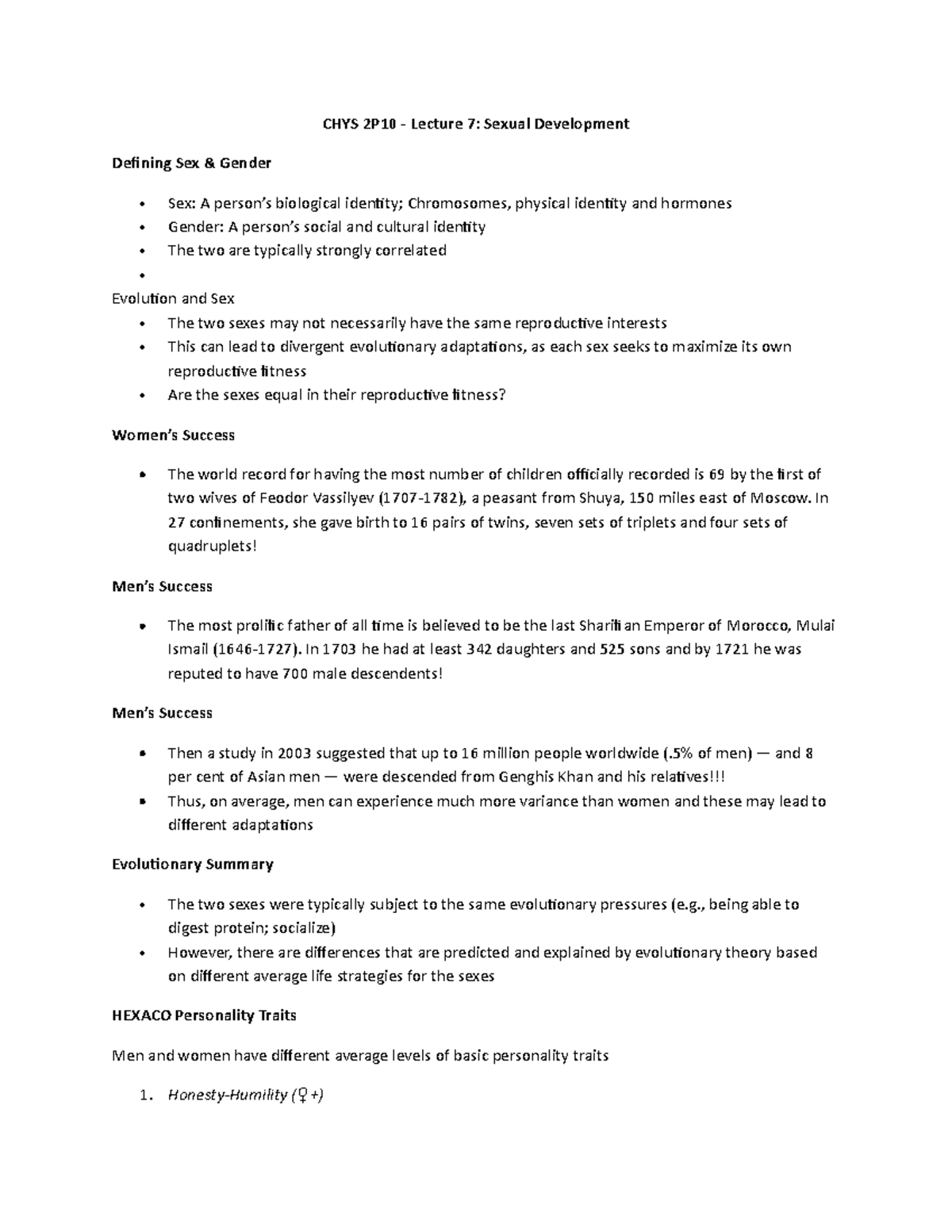 Lecture 7 note outline-2 - CHYS 2P10 - Lecture 7: Sexual Development ...