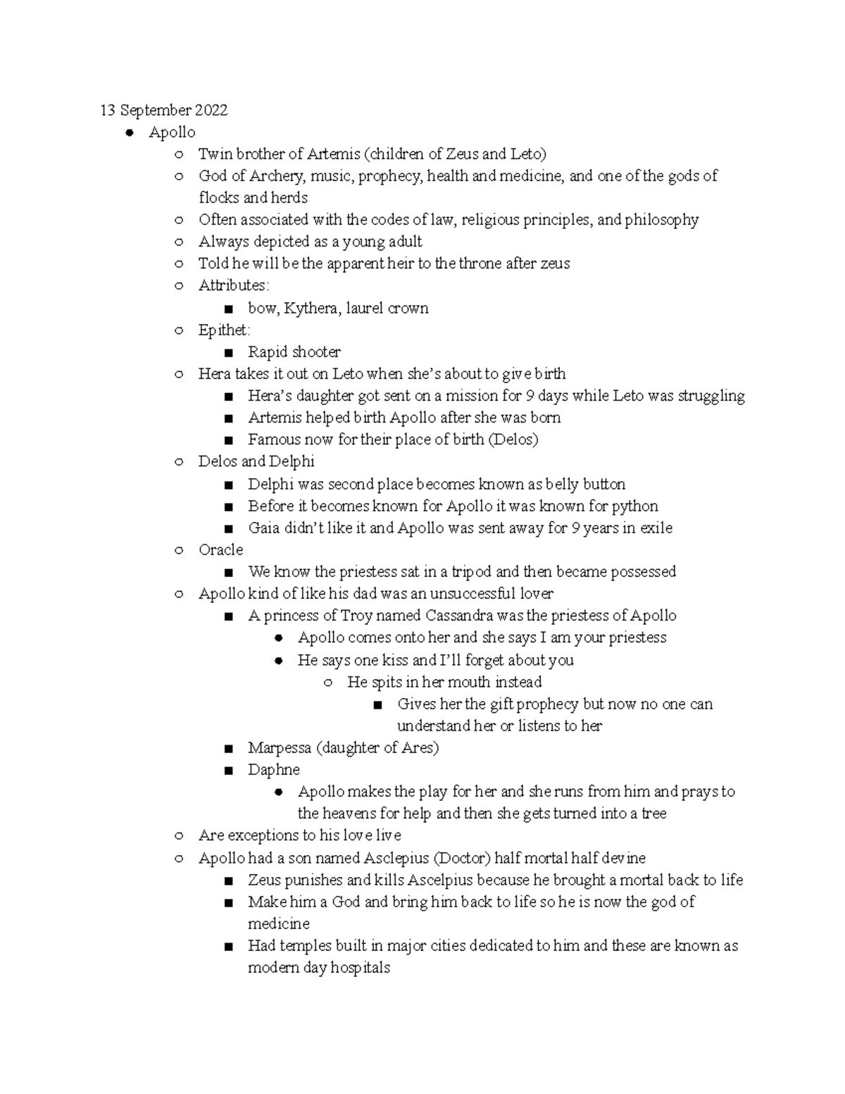 Greek Mythology Notes 6-2 - 13 September 2022 Apollo Twin brother of ...
