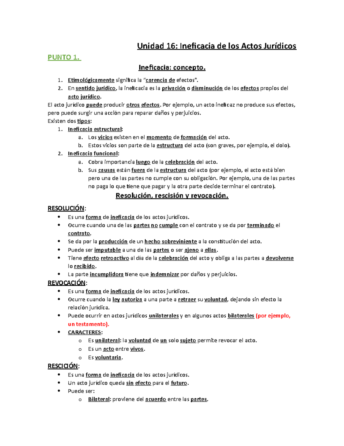 Unidad 16 - Derecho Civil parte general - Unidad 16: Ineficacia de los Actos significa la de En ...