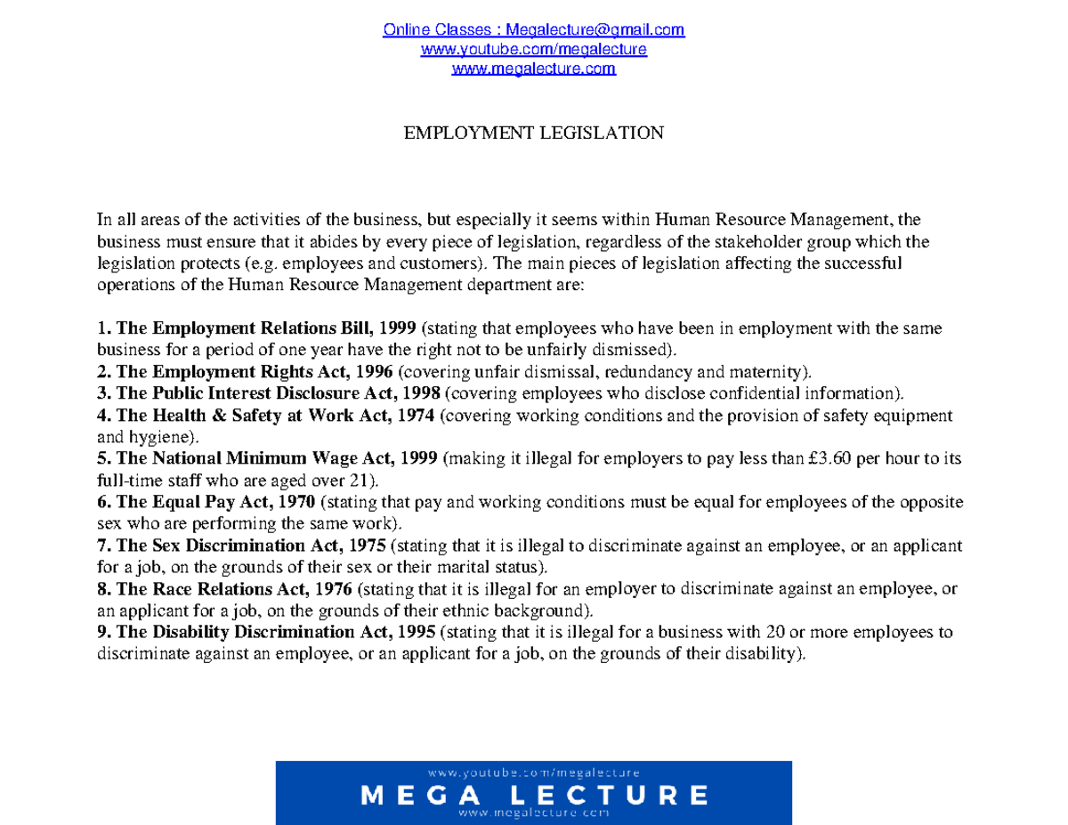 business notes A levels - EMPLOYMENT LEGISLATION In all areas of the ...