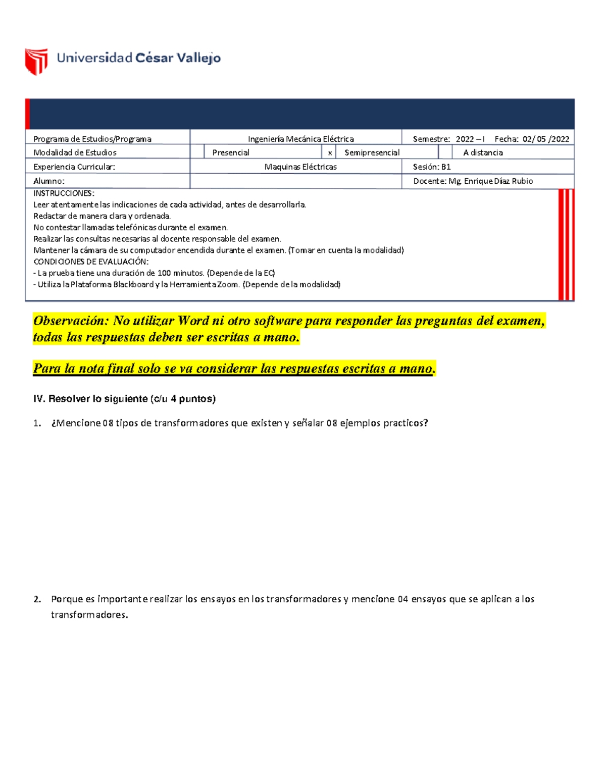 Examen parcial 01 - sdsdsdsd - ####### . Programa de Estudios/Programa ...